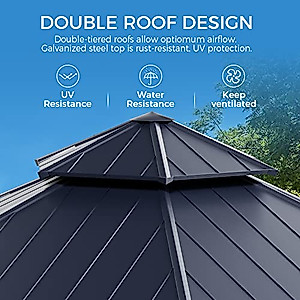 EROMMY 15' x 15' Hardtop Gazebo, Outdoor Wood Looking Aluminum Hexagon Gazebos with Galvanized Steel Roof for Patio, Backyard, Deck and Lawns