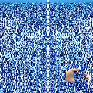 Wavy Blue Metallic Tinsel Foil Fringe Curtains, 2 Pack 3.3x8.3 Feet Party Streamer for Birthday Party Decorations, Halloween Decor, Foil Curtain for Bachelorette Party