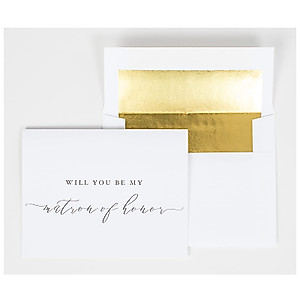 Will You Be My Bridesmaid Cards 4x5.5 Folded White Proposal Card with Black Caligraphy with Gold Foil Lined Envelopes 6 Bridesmaid Cards 1 Maid of Honor Card and 1 Matron of Honor Card Set Elegant Minimalist Style