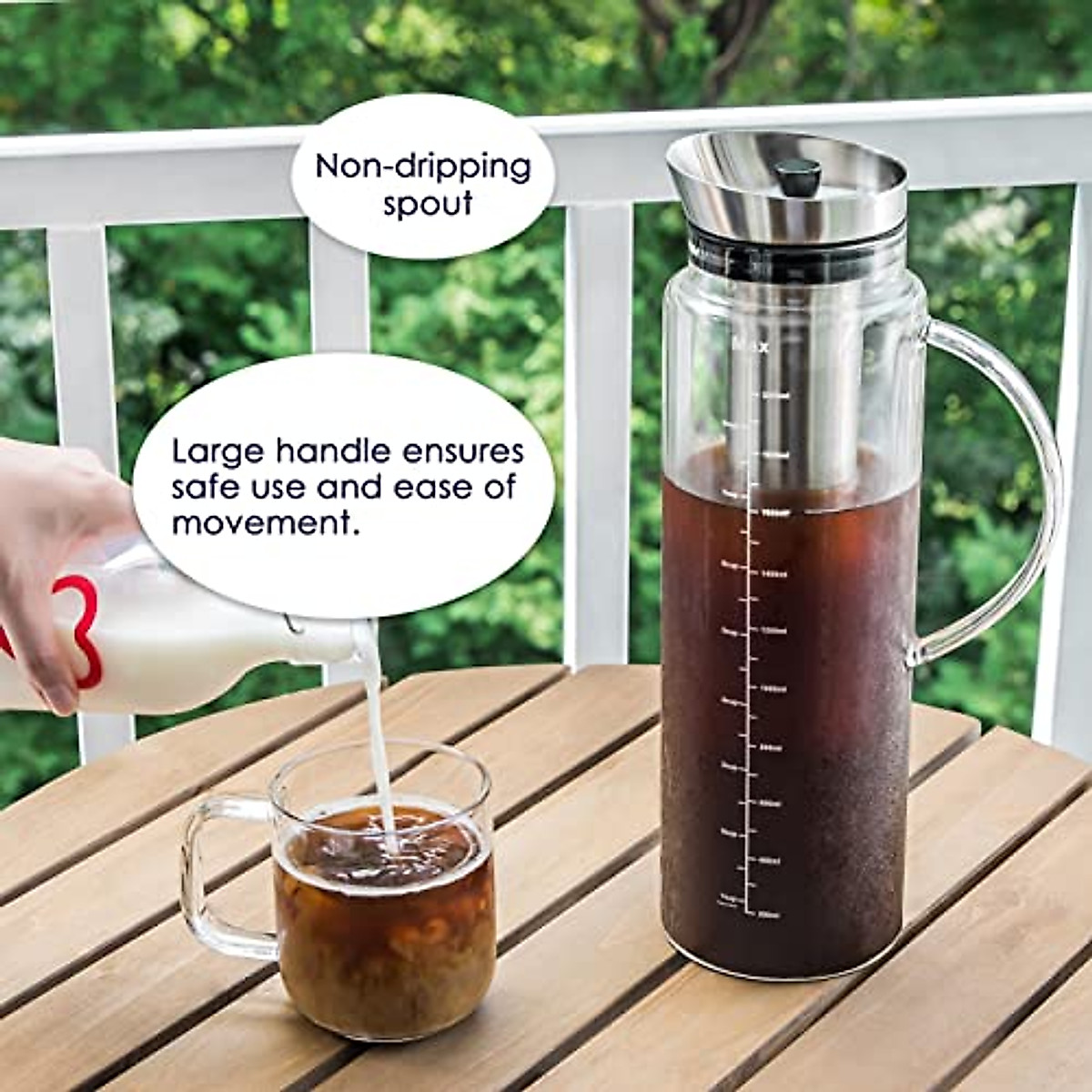 Aquach Cold Brew Coffee Iced Tea Maker & Fruit Pitcher - Large Capacity 68 Ounces - with Durable Glass Carafe / Fine Mesh Steel Infuser / Airtight Lid