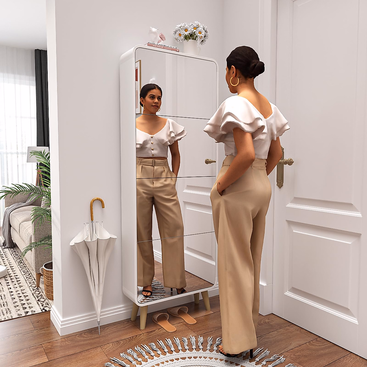 Organizedlife Mirror Shoe Cabinet with 4 Flip Drawers, Wooden Shoe Organizer with Solid Wood Legs, Full Length Mirror Shoe Rack, Narrow Shoe Storage Cabinet for Entryway