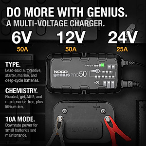NOCO GENIUSPRO50, 50A Smart Car Battery Charger, 6V, 12V and 24V Portable Automotive Charger, Battery Maintainer, Trickle Charger and Desulfator for AGM, Lithium, Marine, Boat and Deep Cycle Batteries