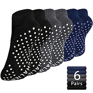 Chalier Fashion Non Slip Yoga Socks for Women 6 Pairs Ankle Low Cut Pilates Barre Socks with Grips, E-Black,Dark grey,Navy(6 Pairs)