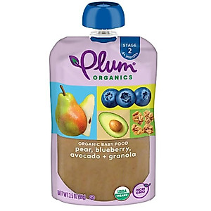 Plum Organics | Stage 2 | Organic Baby Food Meals [6+ Months] | Pear, Blueberry, Avocado & Granola | 3.5 Ounce Pouch (Pack Of 6) Packaging May Vary