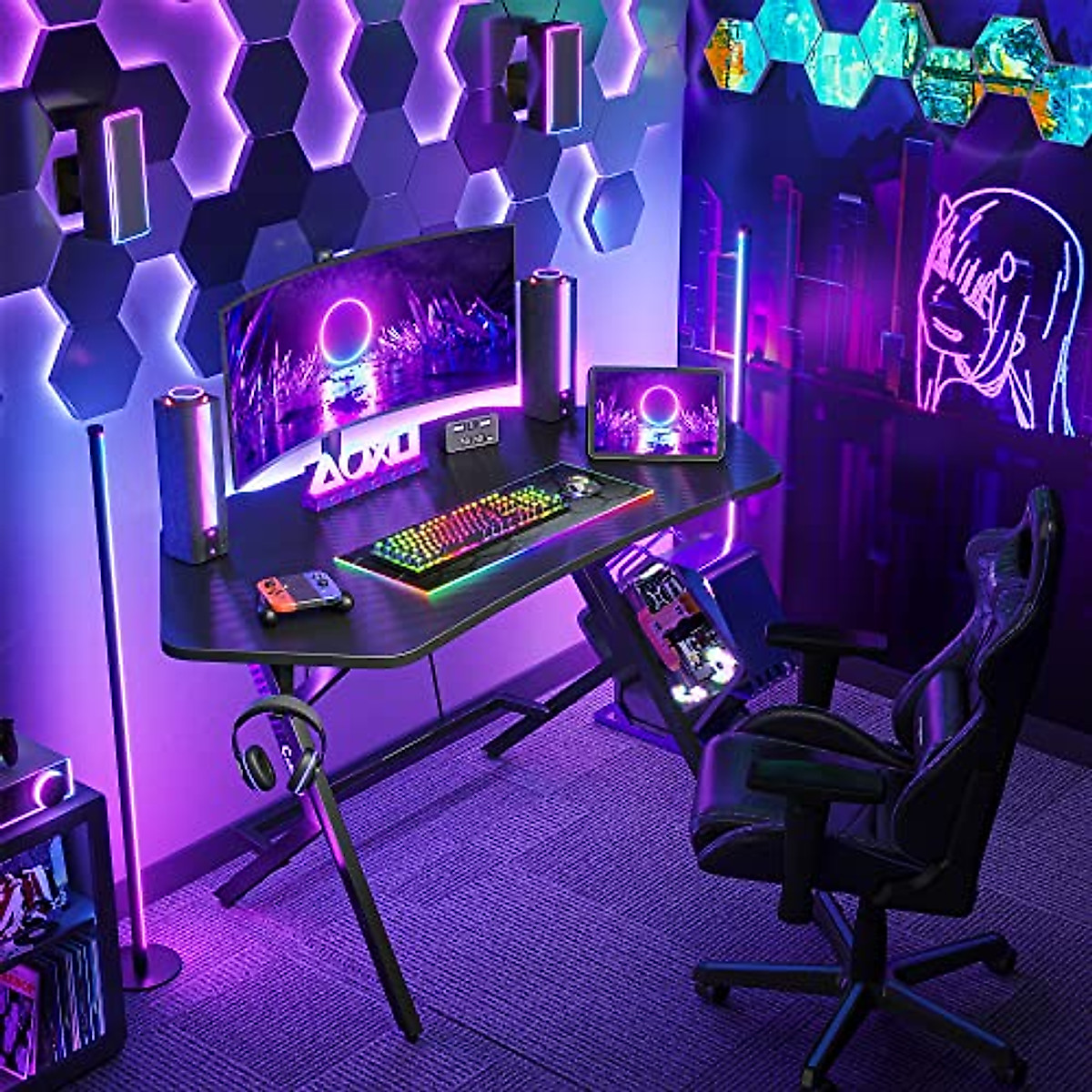 CubiCubi Luna Gaming Desk 47 inch Gamer Workstation, Home Computer Carbon Fiber Surface Gaming Desk PC Table with Cable Tray and Headphone Hook