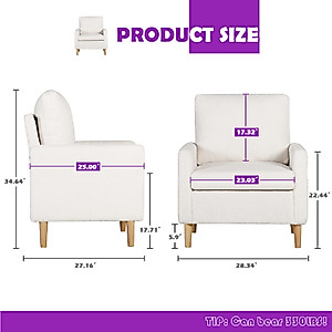 TYBOATLE Accent Chair, Mid-Century Modern Fabric Living Room Arm Chair, Furry Cozy Upholstered Armchair w/Side Pocket, Reading Lounging Side Chairs for Office, Apartment, Bedroom (Cream White)