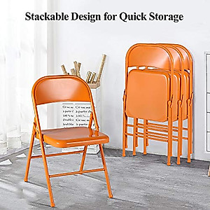 VECELO Metal Frame Steel Folding Mounted Chairs with Triple Braced & Double Hinged Back for Home Office,350-Pound Capacity,Orange, Pack of 4