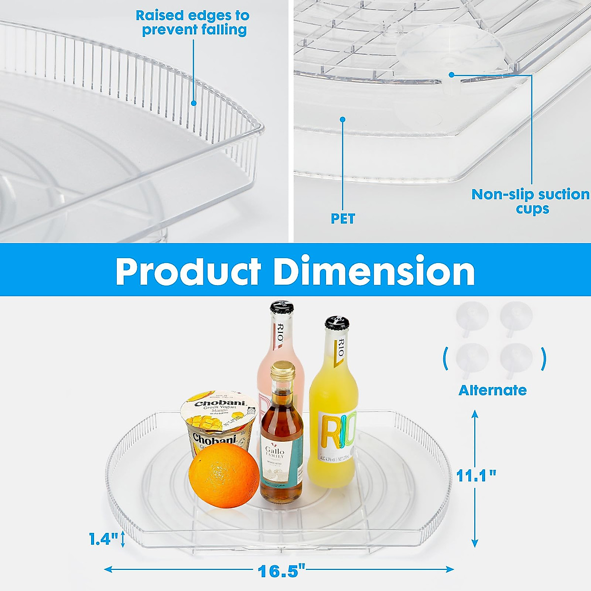 Lazy Susan Fridge Turntable Organizer Organization, LOYAL SEA Lazy Susan Kitchen Rotating Organizing Tray Turntable for Cabinet Pantry Fridge Refrigerator Organizers and Storage, 16.5''x11'', Clear