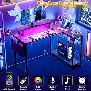 Homieasy L Shaped Computer Desk with LED Strip & Power Strip, 47 Inch Corner Desk with Monitor Stand Reversible Storage Shelves, Modern Simple Home Office Gaming Desk with Storage Bag(Rustic Brown)