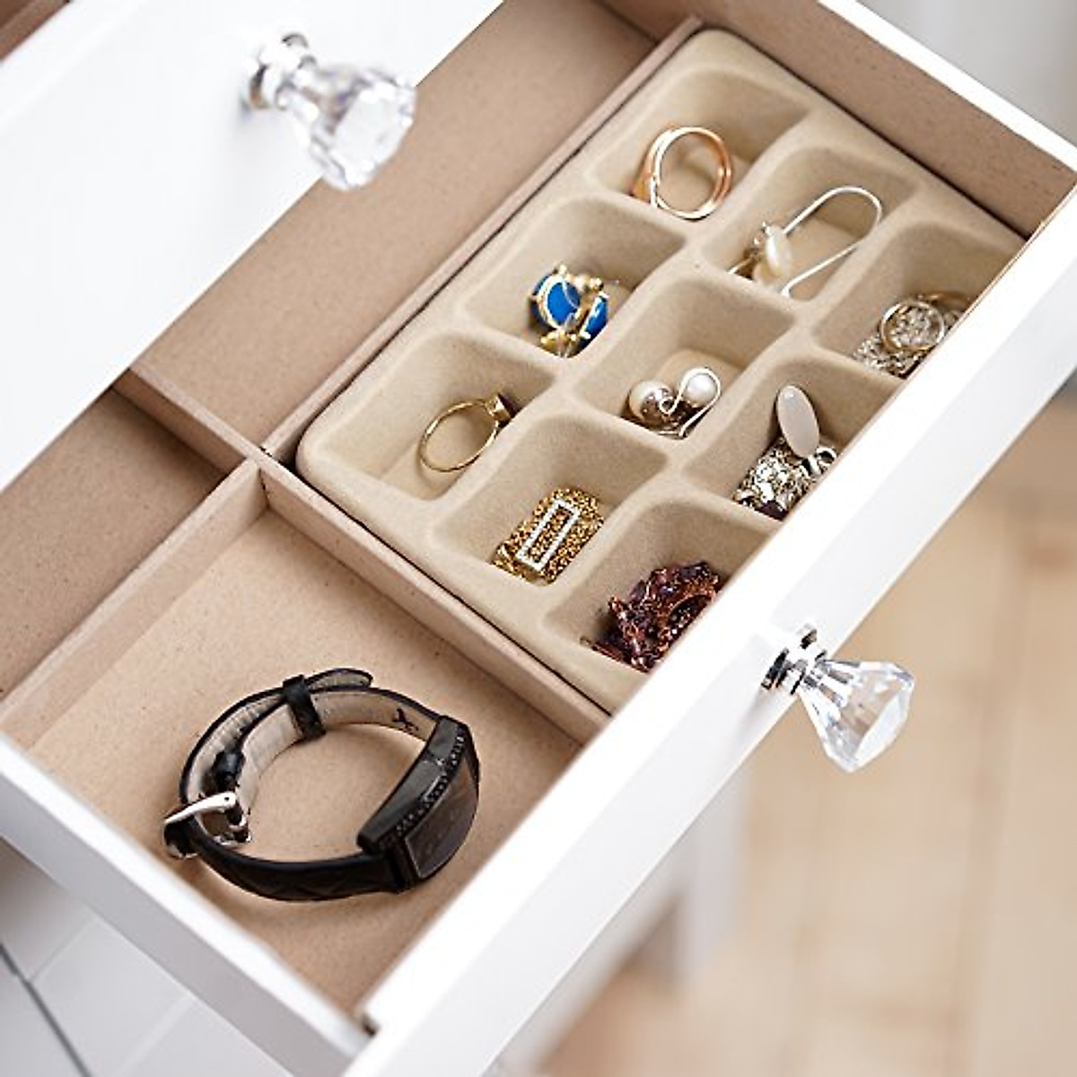 Hives and Honey Kimberly Jewelry Armoire - Modern White Storage Organizer with Divided Drawers and Necklace Hooks - French-Inspired Design with Jewel-Like Pulls - Anti-Tarnish Felt Lining