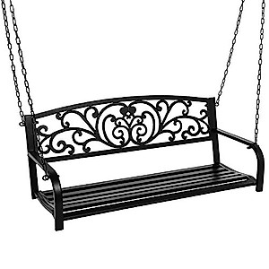 Best Choice Products 2-Person Metal Outdoor Porch Swing, Hanging Steel Patio Bench for Garden Deck w/Floral Accent, 485lb Weight Capacity - Black