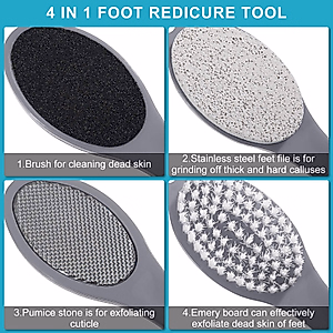 2 Pieces 4 in 1 Pedicure Tool Foot Scrubber Brush Foot File Callus Remover with Foot Rasp, Pumice Stone, Nail Cleaning Brush and Sand Paper for Dry and Wet Foot Care Dead Skin Remover (Gray)