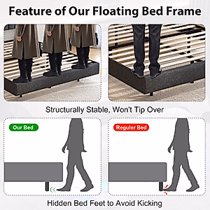 Saudism Upholstered Bed Frame with Storage Headboard, USB Ports, LED Lights - Queen Size, Floating, Noise-Free, Dark Grey