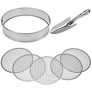 Soil Sieve Stainless Steel Riddle Sieve Set Garden Potting Sieve, 12" Diameter, with 5 Interchangeable Filter Mesh Sizes 3,6,9,10,12mm and Shovel