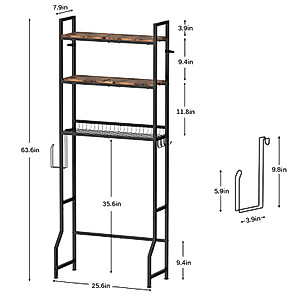 NOVIMANGO Over The Toilet Storage, Over Toilet Bathroom Organizer 3 Tier, Above Toilet Storage Rack for Bathroom Freestanding Bathroom Space Saver with Metal Frame and 4 Hooks for Laundry, Brown