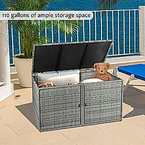 Outdoor 110 Gallon Rattan Deck Box, Wicker Patio Storage Cabinet Waterproof Storage Double Openable Door Cabinet Rattan Storage Deck Box with Lid and Separate Storage Shelf for Garden, Patio, Porch, Yard, can Store Cushions, Tools, Toys,Gray