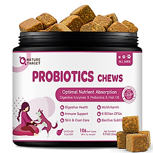 Probiotics for Dogs - Dog Probiotics and Digestive Enzymes for Digestive Health - Plus Fish Oil & Vitamins Supplement for Allergies & Immune & Itchy Skin, 106 Chicken Flavor Probiotic Soft Chews