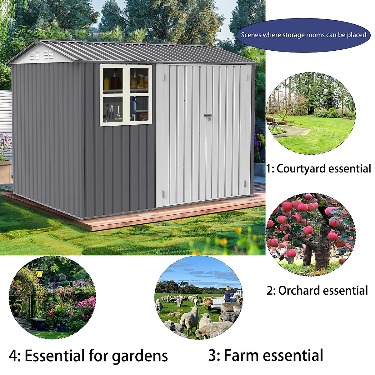 Large Metal Outdoor Storage Shed, 6 x 8 Ft, with Window, Galvanized Steel, Gray, for Backyard Garden Tools