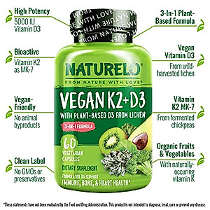 NATURELO Vegan K2+D3 - Plant Based D3 from Lichen - Natural D3 Supplement for Immune System, Bone Support, Joint Health - Whole Food - Vegan - Non-GMO - Gluten Free (60 Count (Pack of 1))