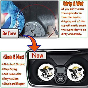 Car Coasters for Women Mother's Day 2 Pack Easter Decorations, Cute Farm Cow Animal 2.56" Absorbent Ceramic Coaster Car Accessories, Keep Cup Holders Clean and Dry, Easy Removal(Cute Cow & Sunflower)