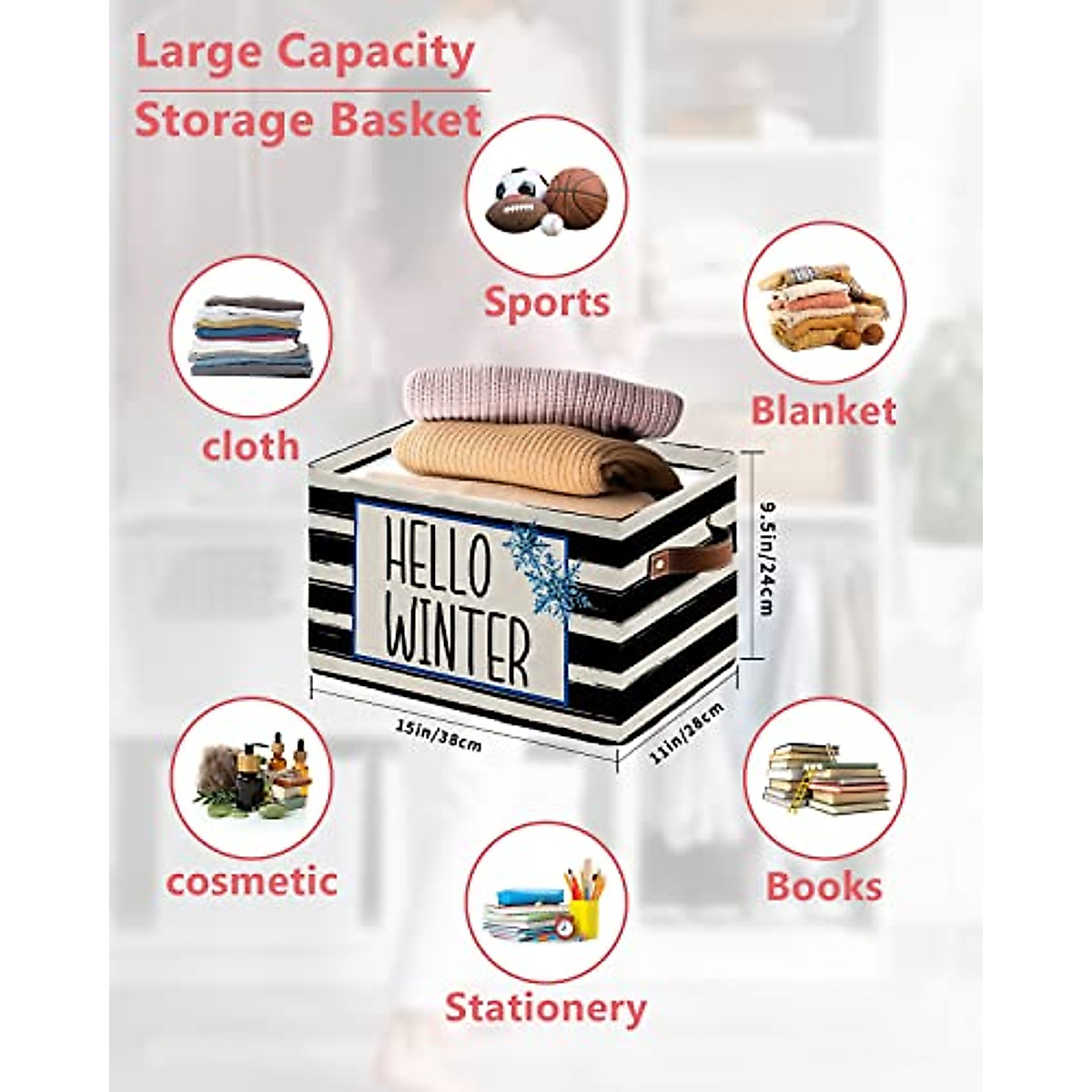 Large Storage Baskets Bins 2 Pack Hello Winter Snowflake Collapsible Storage Box Laundry Organizer for Closet Shelf Nursery Kids Bedroom Christmas Black Striped