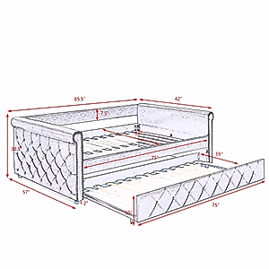 JULYFOX Upholstered Dabyed Full Size with Trundle, Button Tufted Full Size Platform Bed with Twin Trundle No Box Spring Needed Nail Head Trims Space Saving Bed(Black,Full)
