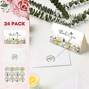 Artoid Mode 24 Pack Elephant Giraffe Thank You Cards Animal Greeting Cards Gift With Envelope Sticker Blank Note Cards for Birthday Wedding Baby Shower Bridal Shower, 4 x 6 Inch