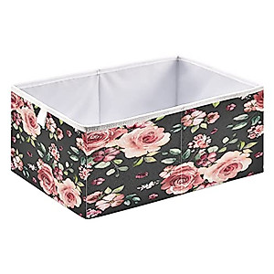 ALAZA Collapsible Storage Cubes Organizer,Rose Flowers Floral Black Storage Containers Closet Shelf Organizer with Handles for Home Office