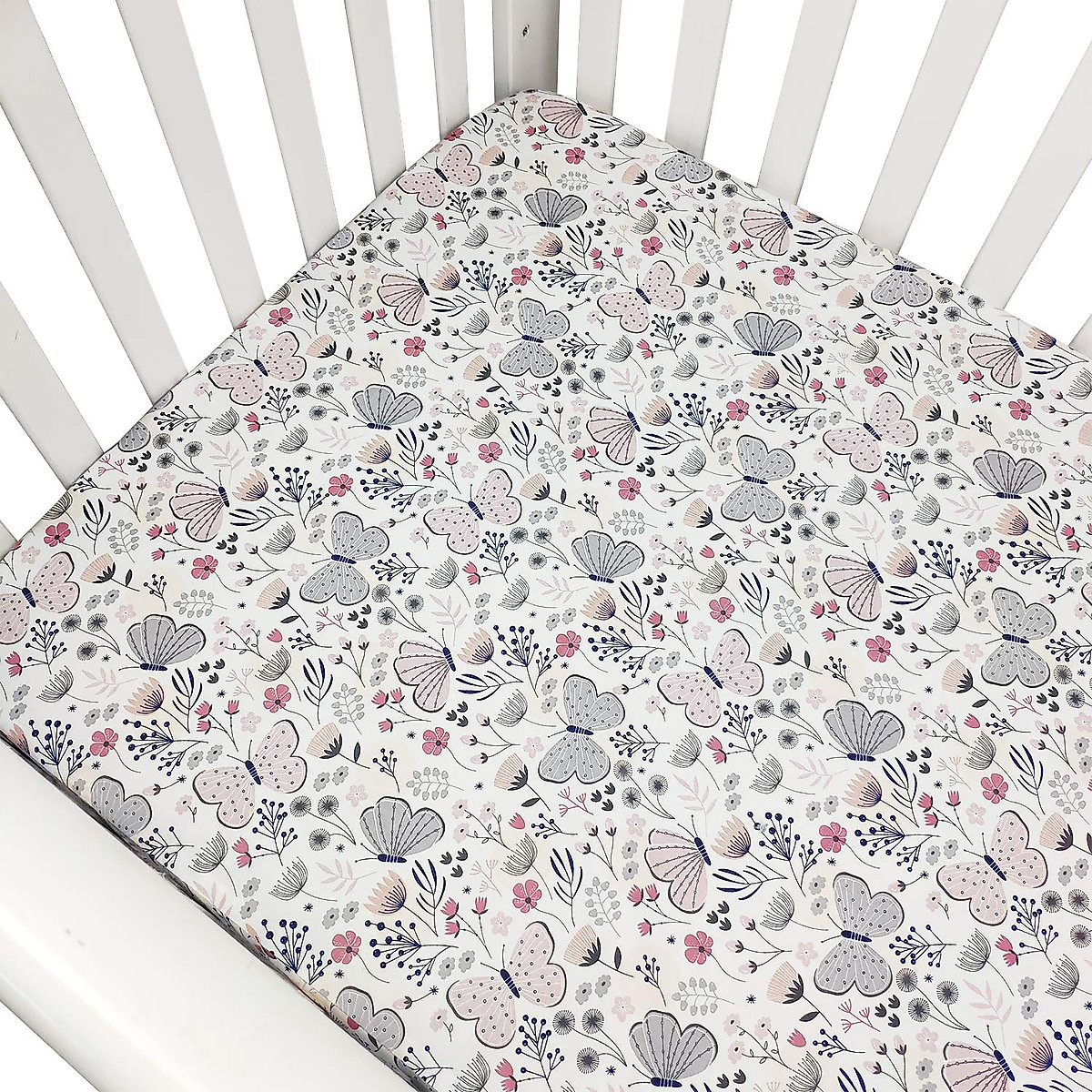Brandream Butterfly Crib Sheets for Girls Pink Floral Crib Fitted Sheet Farmhouse Boho Nursery Bedding Sheet for Baby/Toddler/Infant,100% Cotton