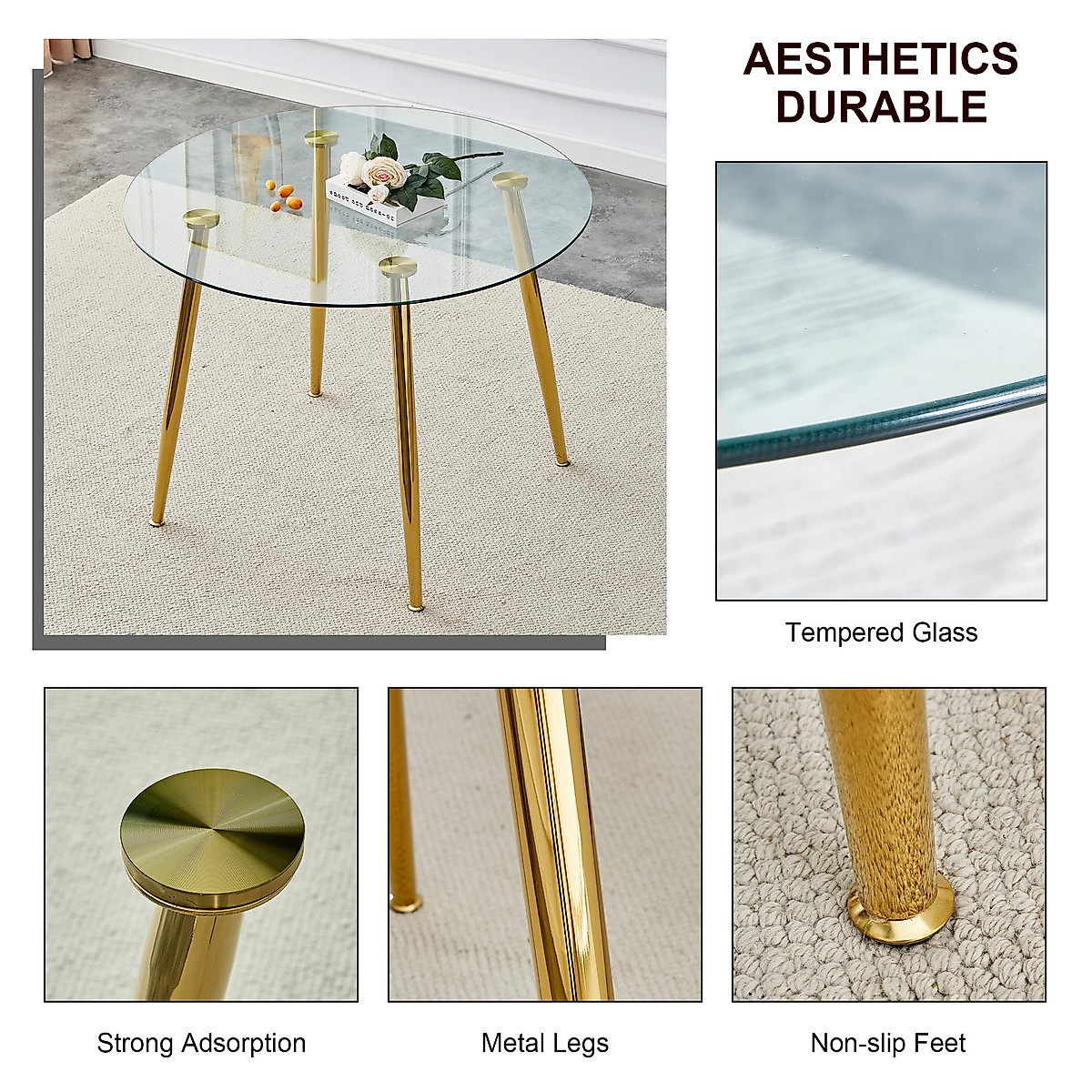 Ginxesh Modern Round Glass Dining Table for 4,40 Inch Small Round Dining Table with Gold Chrome Metal Legs,Circle Dining Table for Kitchen,Apartment(Gold, Table)