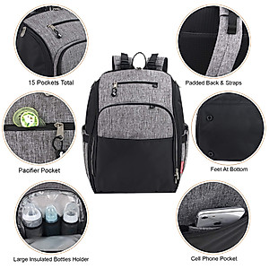 Fisher Price Diaper Bag Backpack with Changing Pad and Stroller Straps, Grey, Large
