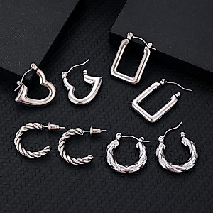 Jannisa Women's 8 Pairs Hypoallergenic Stainless Steel Chunky Silver Hoop Earrings Set, Gold Earrings for Women, Trendy Jewelry Earrings for Daily Wear