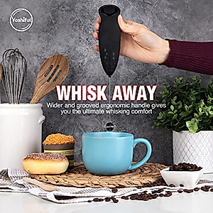 YOSHIFUL Milk Frother with Stand - Advanced Turbine Whisk Electric Coffee Frother with Large Illuminated On/Off Button - Handheld Mini Blender for Lattes, Cappuccinos, Matchas, Powders, Cream - Black
