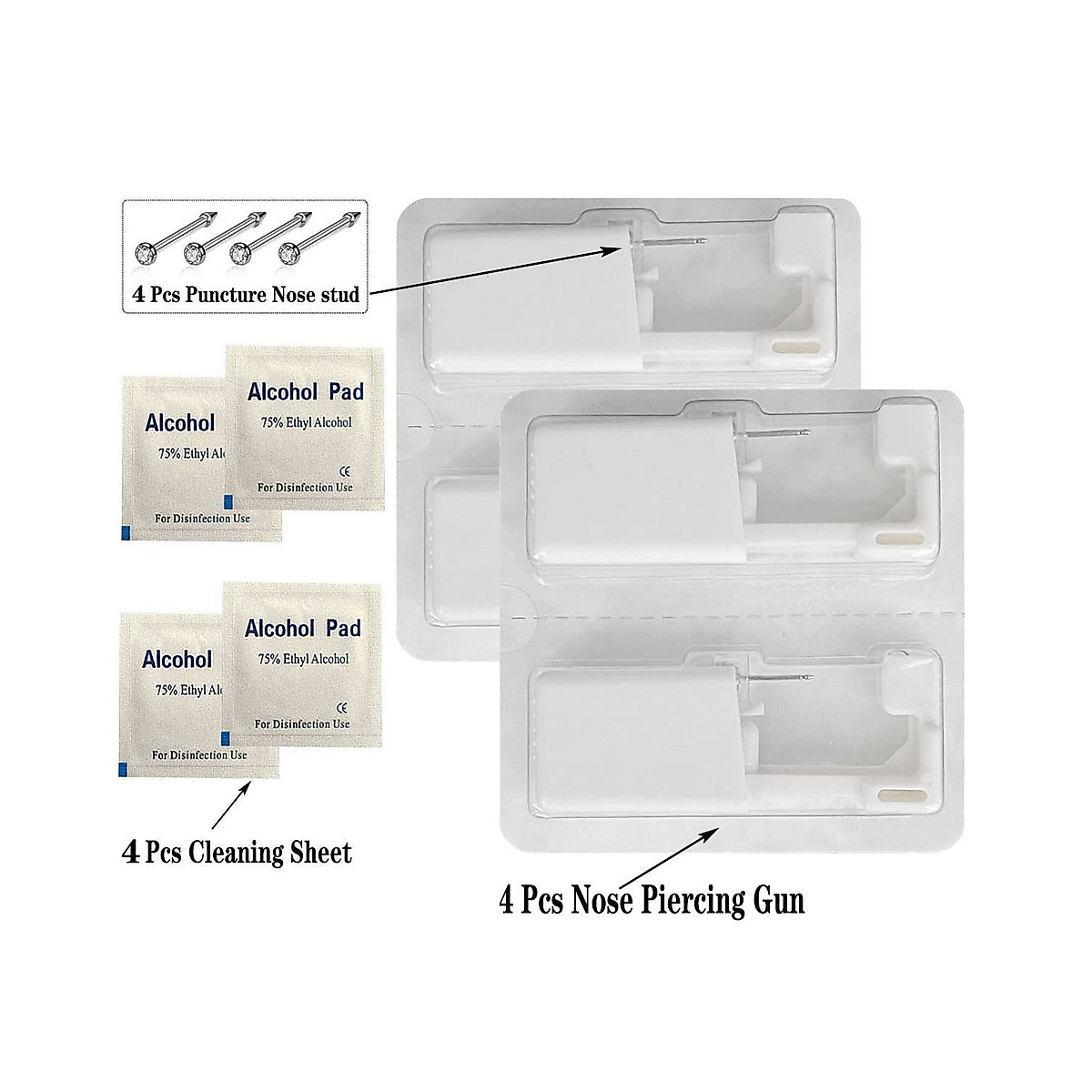 SLVIEKAE 4 Pack Nose Piercing Kit, Disposable Safe Sterile Piercing Gun, Self Nose Piercing Unit For, Nose Stud Piercing Kit Tool (Silver)