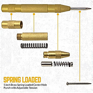 Automatic Center Punch - 5 inch Brass Spring Loaded Center Hole Punch with Adjustable Tension, Hand Tool for Metal or Wood - Pack of 2