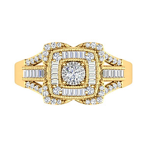 FINEROCK 1/2 Carat Round & Baguette Shape Diamond Cushion Shaped Halo Ring in 10K Yellow Gold (Ring Size 5)