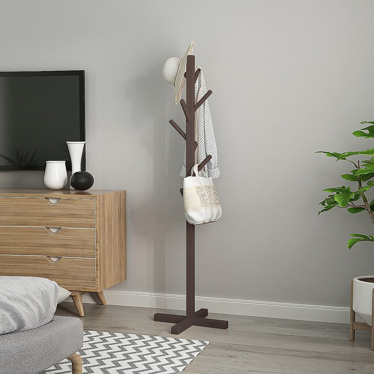 Tiasott Wooden Coat Rack Stand,Free Standing Tree Hanger,Standing Coat Rack with 8 Hooks,Hallway Entryway Clothes Hanger for Suits,Hats,Scarves,Handbags,Umbrella,Brown