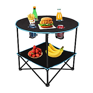 LUCKYERMORE Portable Camping Table, Folding Picnic Tables with 4 Cup Holders and Storage Rack, Carry Bag Included, Lightweight Tailgate Beach Table for Outside BBQ Picnic Beach, Black & Blue