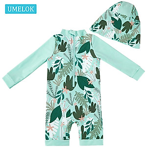Baby Girls Swimsuit UPF 50+ Sun Protection One Piece Bathing Suits with Hat (Green Tropical plants, 3-6 months)