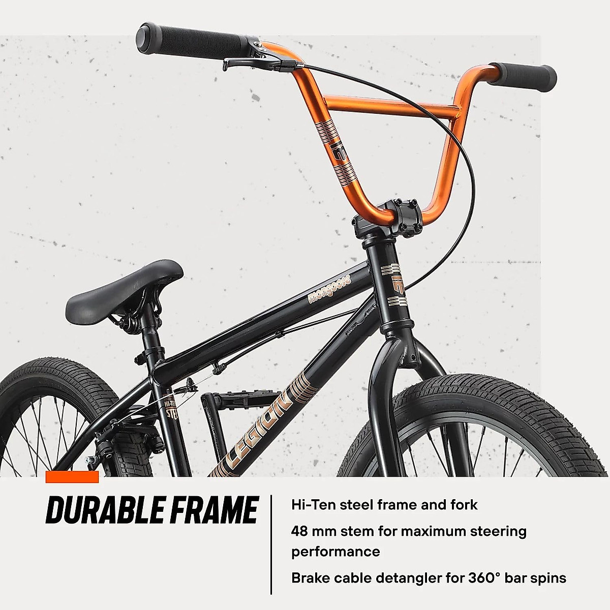 Mongoose Legion L10 Kids Freestyle Sidewalk BMX Bike, Beginner Riders, Boys and Girls, 20-inch Wheels, Hi-Ten Steel Frame, Micro Drive 25x9T BMX Gearing, Black