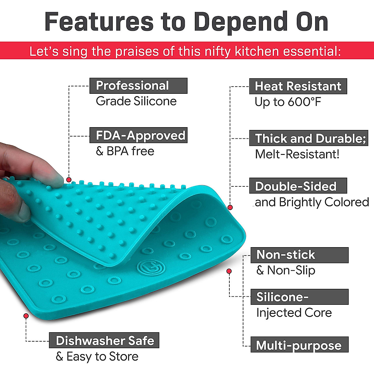 Premium Silicone Pot Holder for Pots/Pans | Multipurpose Trivets | Hot Pad, Spoon Rest, Coaster and More | 2 Pads | Featuring Heat Resistant Core Tech | UpGood Pro Series (Cool Kitchen Tools, Teal)