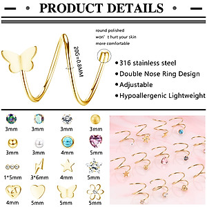 FASACCO Double Nose Ring Hoop for Single Piercing 20 Gauge Stainless Steel Nose Hoop Spiral Star Pearl CZ Butterfly Twist Nose Ring Hoops Double Hoop Earrings for Women Gold Tone