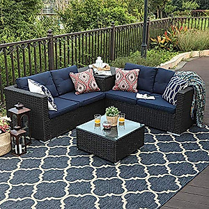 PHI VILLA Outdoor Loveseat Rattan Sectional Sofa - Patio Wicker Furniture Set Outdoor Couch for Backyard, Garden (4-Piece Navy Blue)