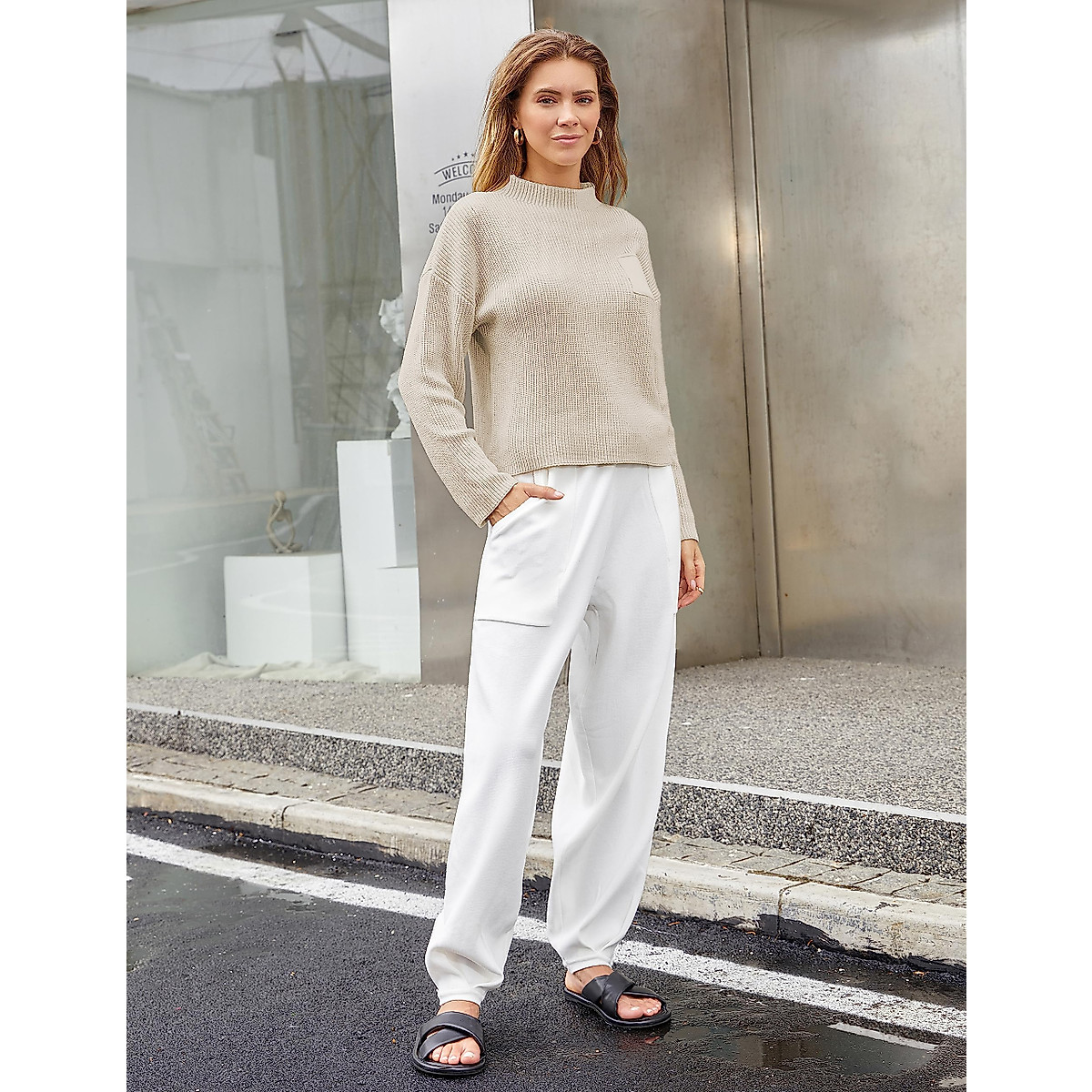 GTLIAE Womens 2 Piece Outfits Sweater Sets Long Sleeve Pullover Knit Top Loose Pant Tracksuit Lounge Set(White-XL)