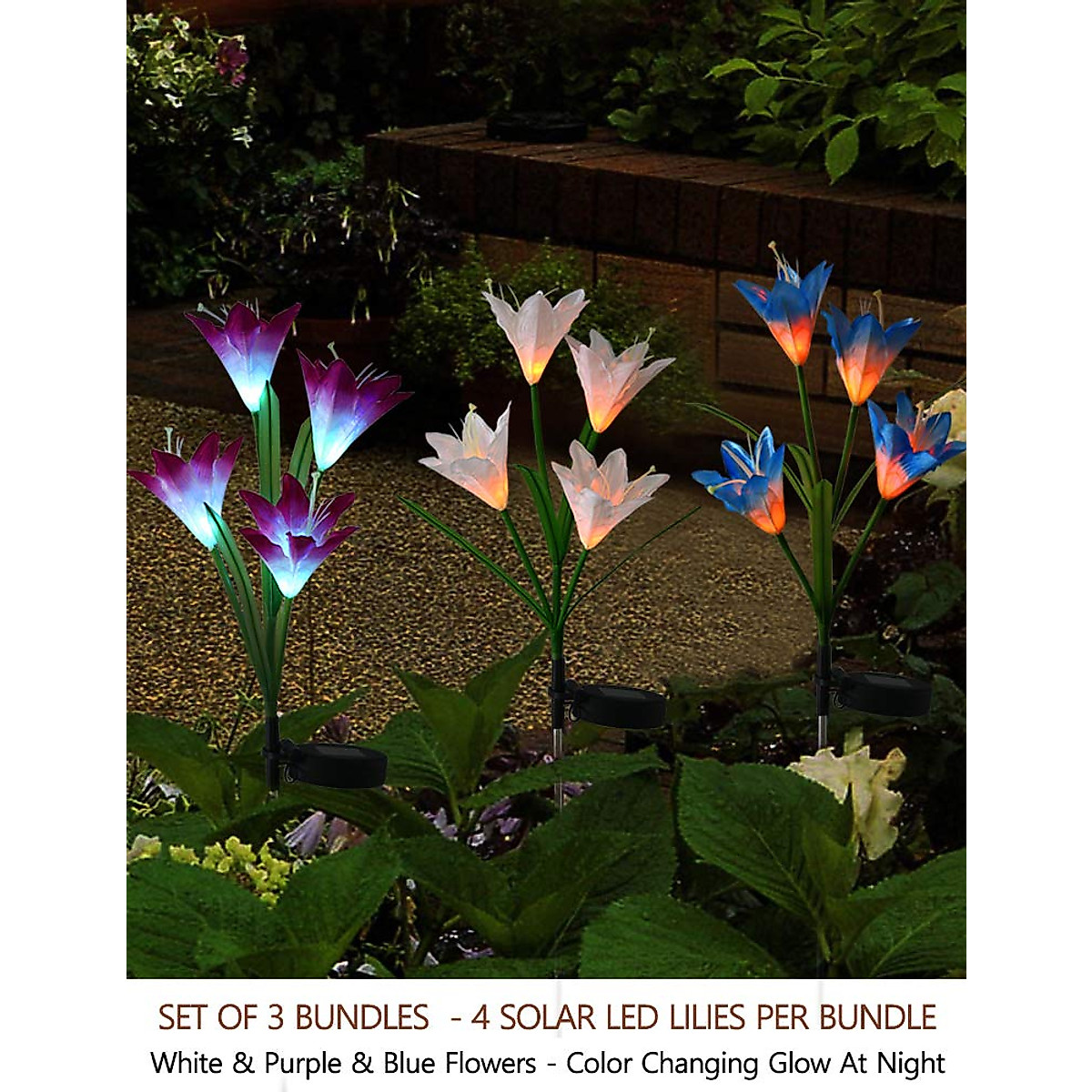 Bright Zeal 3 Bundle 12 Lily LED Fairy Solar Garden Light with Color Changing Flower Lights - Multi Color Solar Lights Outdoor Garden LED Flower Waterproof - Solar LED Metal Flower Stake Lights