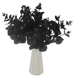 Tinsow 5 Pcs Black Artificial Eucalyptus Stems Faux Eucalyptuses Branches Black Leaf Halloween Centerpiece Halloween Home Decor (Black, 5)