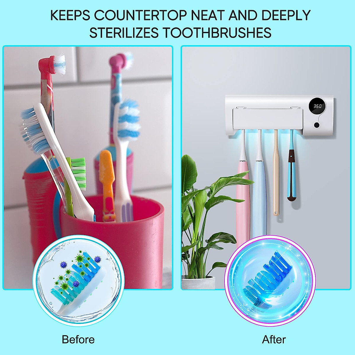 StarWin UV Toothbrush Cleaner, Timer Function, Rechargeable Tooth Brush Holder Wall-Mounted for Bathroom, No Drilling, 4 Slots
