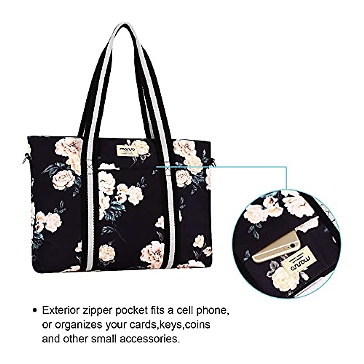 MOSISO Laptop Tote Bag for Women (17-17.3 inch), Canvas Camellia Multifunctional Work Travel Shopping Duffel Carrying Shoulder Handbag, Black