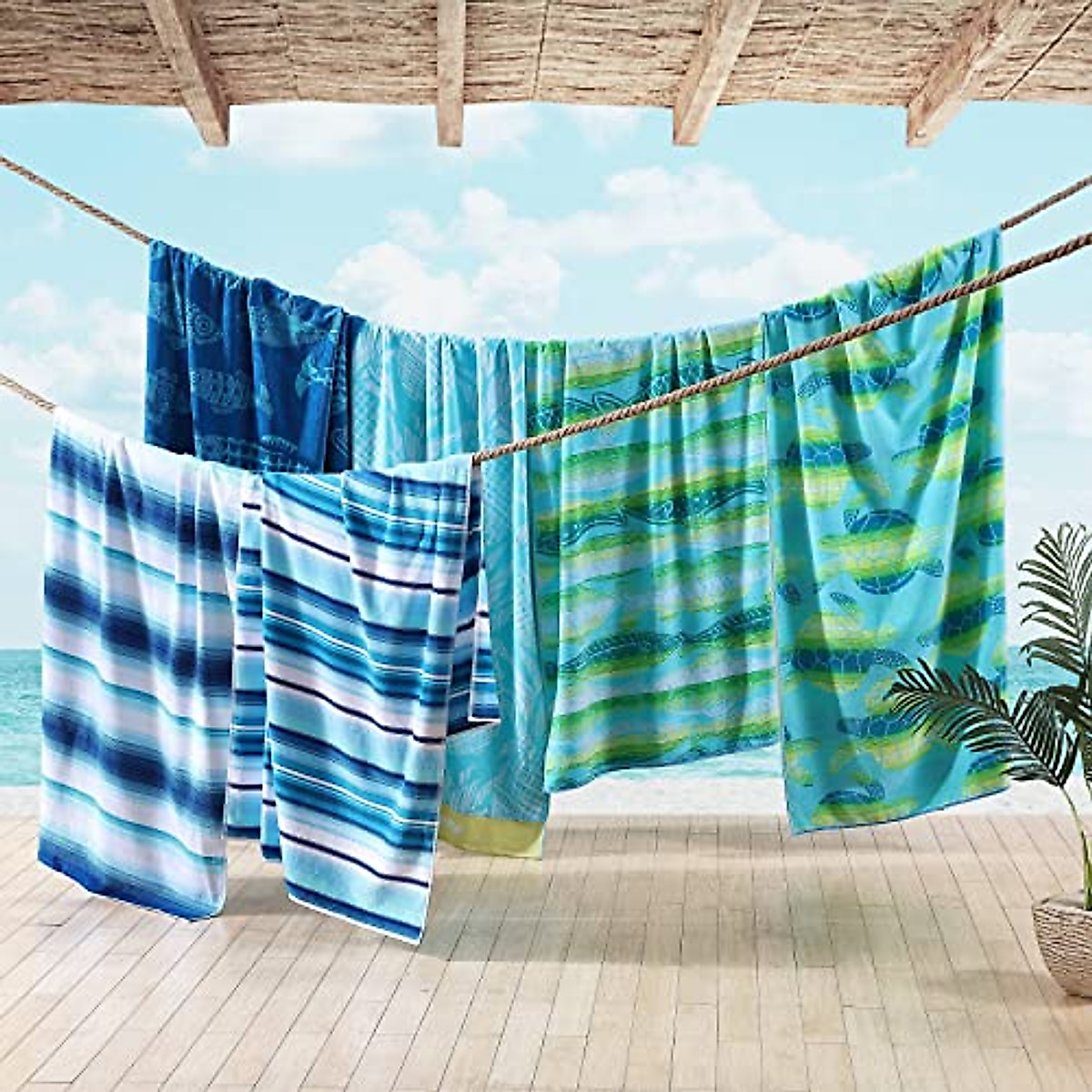 Tommy Bahama - Beach Towel Set, Soft Cotton Terry Beach Essentials, Highly Absorbent & Fade Resistant (Ombre Fish/Ombre Turtle Green, 2 Piece)