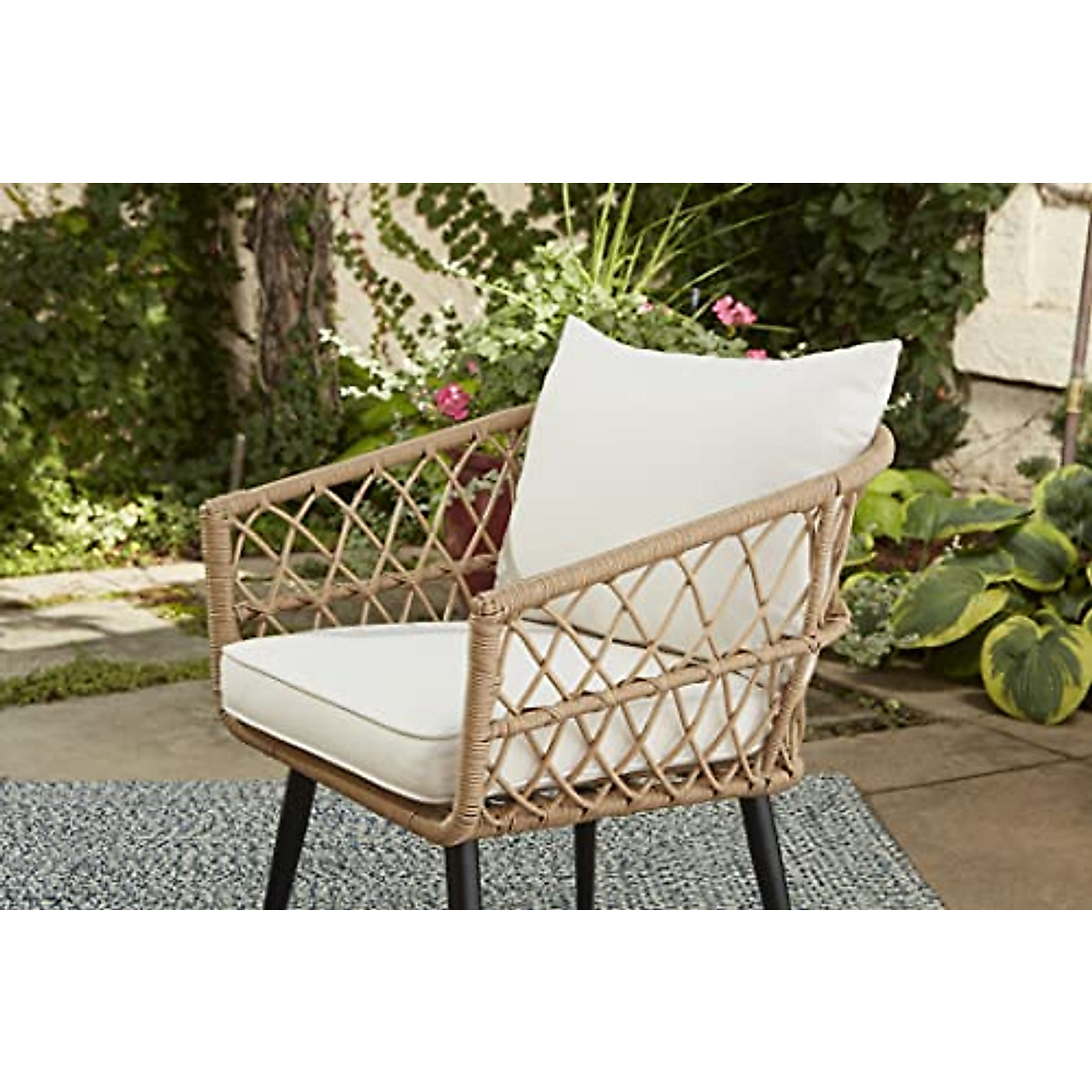 Quality Outdoor Living 65-YZ03HM Hermosa 3 Piece Chat Set, Aluminum Frame + Tan Wicker + Linen Cushions